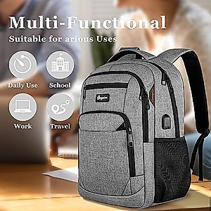 Laptop Backpack 17.3 Inch, School Backpack with USB Charging Port for teen boys, Unisex Large Travel Backpacks, Anti-theft Work Bookbags, Back to School College Backpack with Compartment, Grey