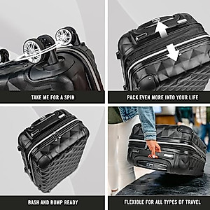 Kenneth Cole REACTION Diamond Tower Collection Lightweight Hardside Expandable 8-Wheel Spinner Travel Luggage, Black, 3-Piece Set (20", 24", & 28")