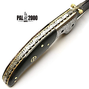 PAL 2000 HUNTING KNIVES FOL-9111 Handmade Damascus Steel Pocket Knife Stained Bone Handle With Sheath