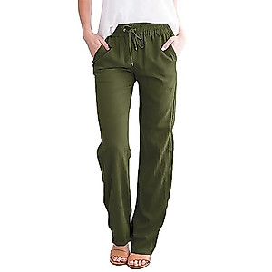 Acelitt Womens Casual Linen Pants Lightweight Drawstring Elastic Waist Spring Summer 2025 Beach Slacks Comfy Trousers with Pockets Green X-Large