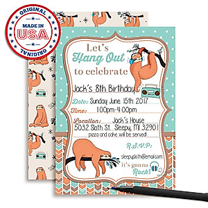 Silly Sloth Birthday Party Invitations, 20 5x7 Fill In Cards with Twenty White Envelopes by AmandaCreation