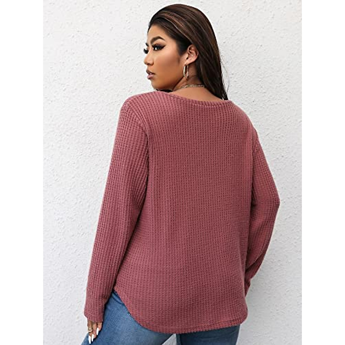 SOLY HUX Women's Plus V Neck Long Sleeve T Shirt Curved Hem Knit Sweater Pullover Tops Solid Pink 3XL