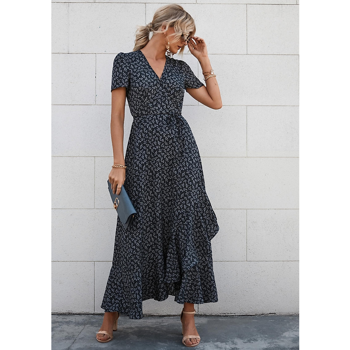 PRETTYGARDEN Women's Summer Wrap Maxi Dress Casual Boho Floral V Neck Short Sleeve Ruffle Hem Split Beach Long Dresses (Black,XX-Large)