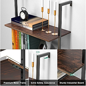 Wakefit Ladder Shelf Industrial Bookshelf, 5-Tier Ladder Bookshelf with Metal and Wood, Wall Mounted Modern Bookcase Display Shelf Organizer for Home Office, Bedroom and Living Room, Dark Walnut