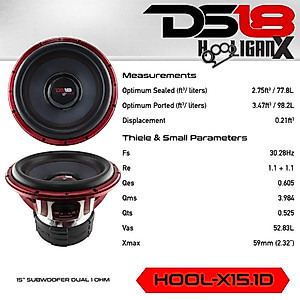 DS18 HOOLIGAN X15.1D Subwoofer in Red with Kevlar Enforced Paper Cone and Upgraded Spider - 6,000W Max, 4,000W RMS, Dual 1 Ohms - Powerful Car Audio Bass Speaker (1 Speaker)