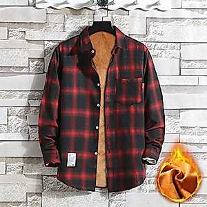 RTRDE Winter Jackets For Men, Mens Long Sleeve Shirt Jacket Fleece Lined Plaid Coat Button Down Outwear Quilted Jacket Shirt Jacket Chamarras Para Hombres Frio Jacket Men Big And Tall (XXL, Red)