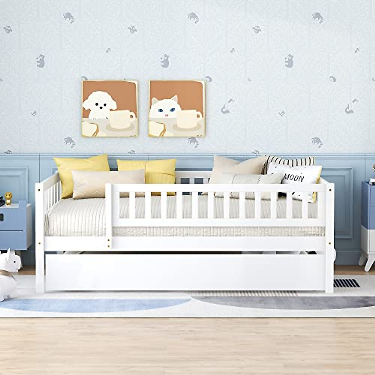 Vierniya Kid Bed with Fence and Trundle Full Size Trundle Bed with Rails, Wooden Toddler Daybed Montessori Bed for Boys Girls, White