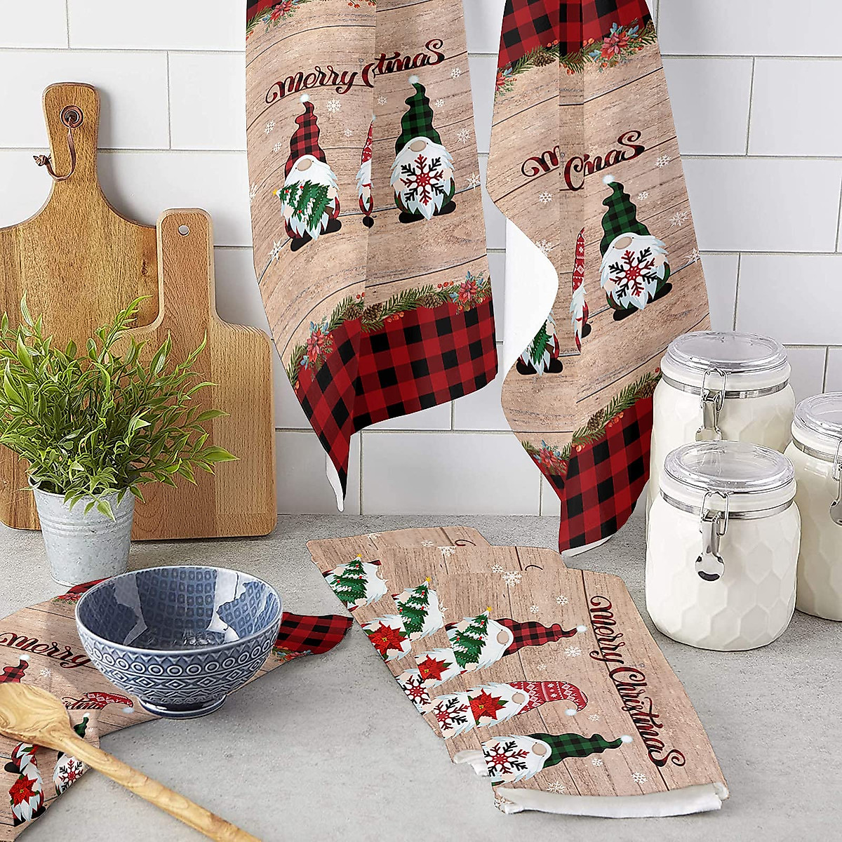 Christmas Kitchen Towels,Merry Christmas Buffalo Plaid Farm Gnomes Snowflake Pine Tree Super Soft 16x28 Inches Dish Cloth,Cotton Absorbent Tea Towels/Bar Towels/Cleaning Cloths/Hand Towels,(2 Pack)
