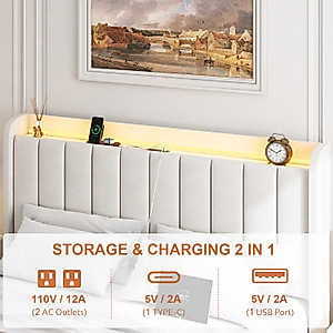 TIGUBFRE Full Size Bed Frame with Storage Headboard, Upholstered Platform Bed Frame with LED Lights, Drawers, Charging Station, Wood Slats Support, No Box Spring Needed, Beige