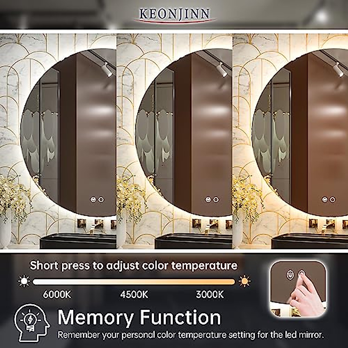 Keonjinn 36 Inch Backlit Mirror Bathroom LED Round Mirror 3000K/4500K/6000K Large Lighted Vanity Mirror Circle Mirror with Lights Dimmable Wall Mounted LED Bathroom Mirror Anti-Fog Makeup Mirror