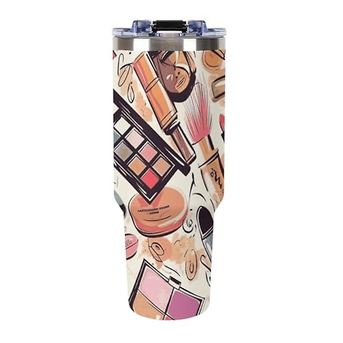 40 Oz Vacuum Tumbler with Light Rose Red Handle Leakproof Insulated Tumbler Cosmetic And Makeup Theme Pattern Stainless Steel Travel Mug with Lid And Straw Coffee Cup Cute Water Bottles Cup Holder Fri