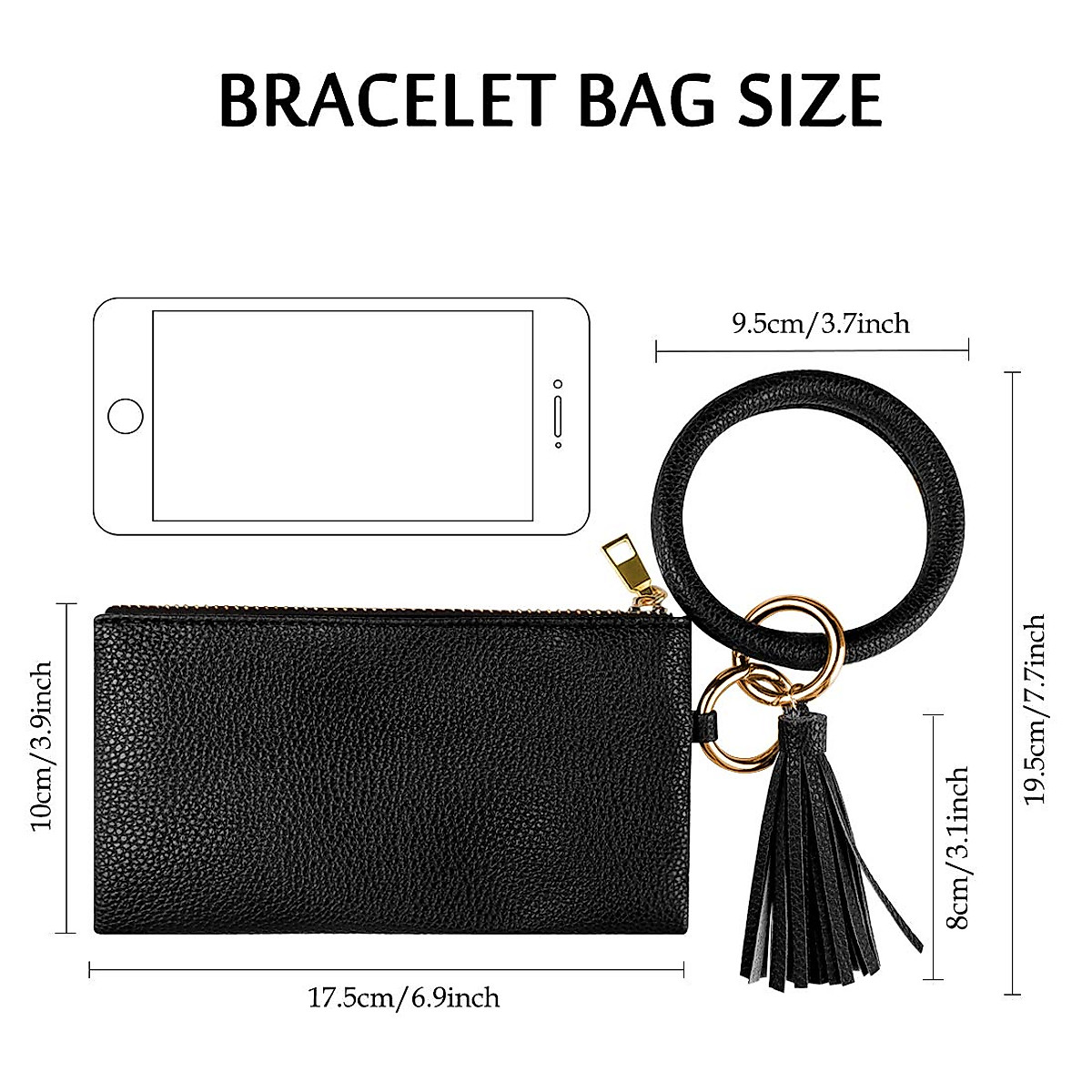 Women's Round Key Ring Wristlet Clutch Wallet, Lightweight Leather Wristlet Purse Bag with Bracelet Circle Keyring (Black) Medium