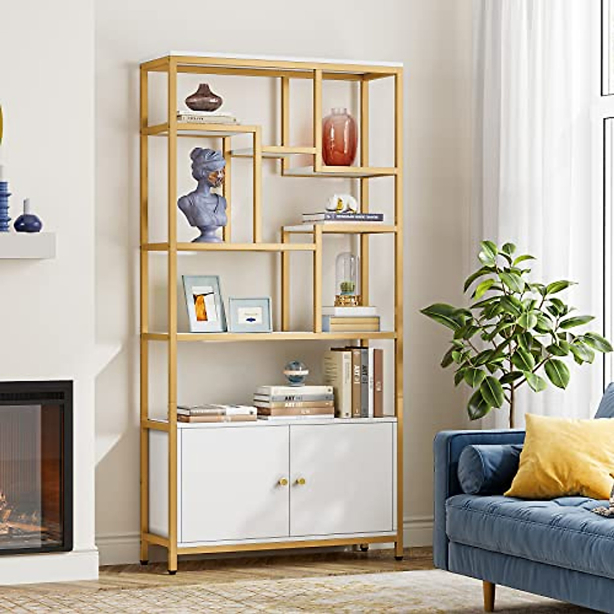 Tribesigns White Gold Bookshelf Bookcase with Doors 74 Inches Tall Bookshelf, Modern Gold Bookshelf 6 Tier Display Shelf Etagere Bookcase Narrow Metal Bookshelf for Living Room, Bedroom, Office