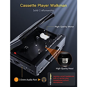 Arsvita Portable Cassette Player and Recorder, Cassette to MP3 Digital Converter, AM/FM Radio Tape Walkman, Support 4-32G Micro SD Card, Build-in Speaker and Microphone, Black