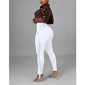 Choichic Women's Casual High Waist Fringed Pants Elastic Waist Bodycon Pants Trousers Tassels Side Long Pants Jogger Sweatpant Skinny Leggings White Small