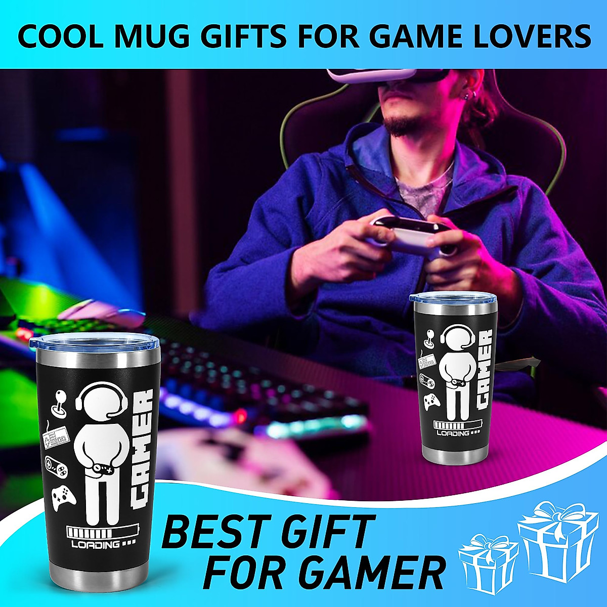Icesip 20oz Gamer Tumbler - Stainless Steel Gaming Mug with Straw & Brush - Cool Game Controller Design - Birthday Gift for Men, Boys, Gamers