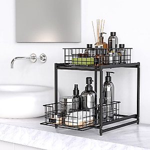 FavoThings Stackable 2-Tier Kitchen Cabinet Organizer Extra Wide Under Sink Organizer Rack with Sliding Storage Basket Drawers, Black