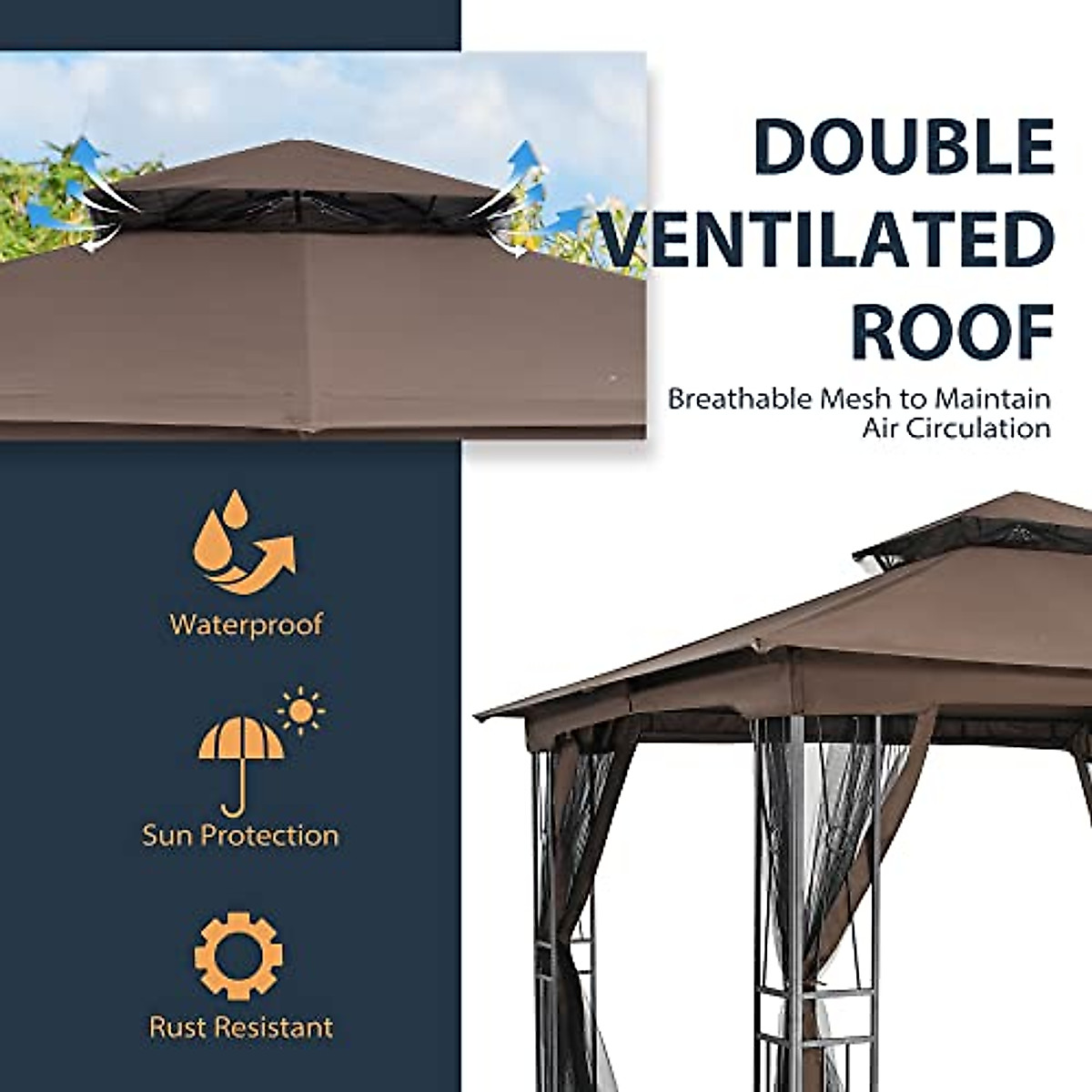 HAPPATIO 10' X 12' Outdoor Patio Gazebo, Outdoor Canopy Gazebo for Garden,Yard,Patio with Ventilation Double Roof with Mosquito Netting,Dark Brown