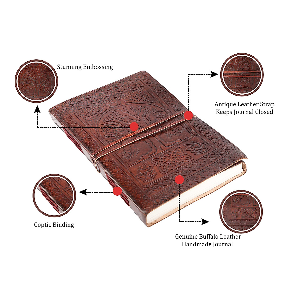 Tree of Life Leather Journal Notebook (180 Pages)- Genuine Leather Antique Vintage Refillable Journals for Men & Women - 7 x 10 Inch Unlined Paper Handmade Travel Writing Dairy, Sketchbook for Drawing