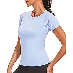 Stelle Women Workout Shirts Seamless Short Sleeve Yoga Tops for Sports Running Breathable Athletic Slim Fit (Short Sleeve-Blue,S)