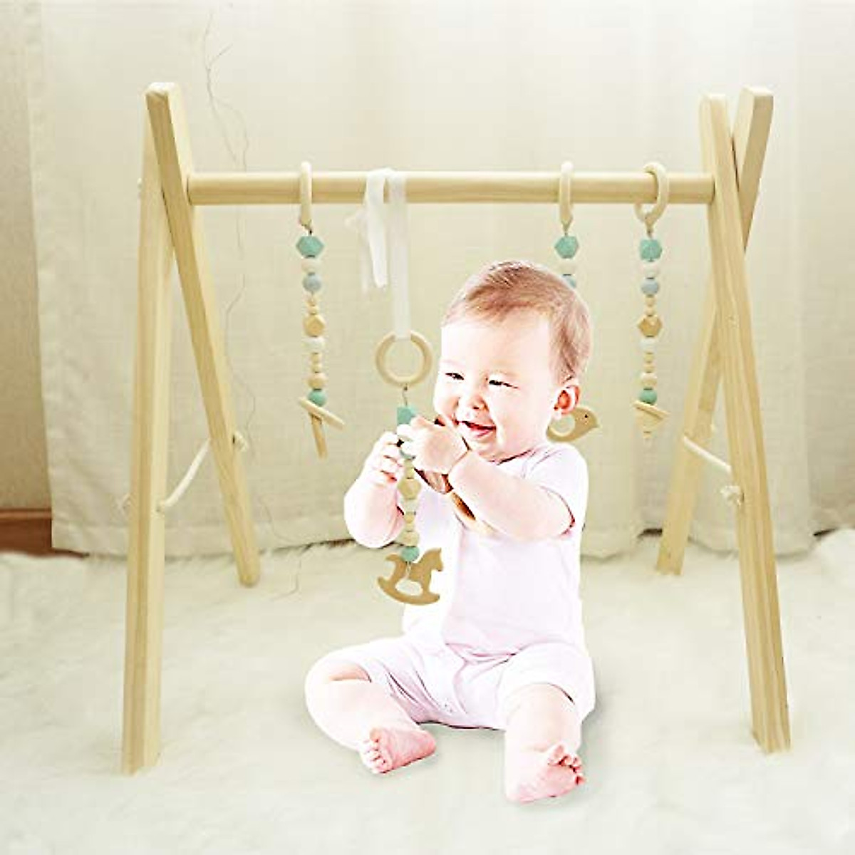 Cynzia Baby Play Gym, Wooden Baby Gym with 4 Infant Toys, Foldable Wood Gyms Frame Hanging Bar for Toddler, Newborn, Baby Girls and Boys Shower Gift Play Toys