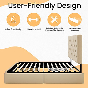 SHA CERLIN Upholstered Full Size Platform Storage Bed Frame with 4 Drawers, Adjustable Headboard with Diamond Button Tufted Design, Wooden Slat Support, No Box Spring Needed, Beige