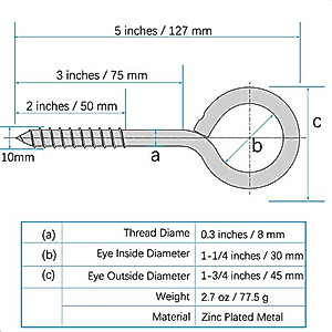 EUCARLOS 5” Screw Eyes, 4 Pack Metal Eye Hooks Lag Thread Eye Bolt, Hammock Hooks Heavy Duty for Tie-Downs, Lifting and Securing Cables Wires