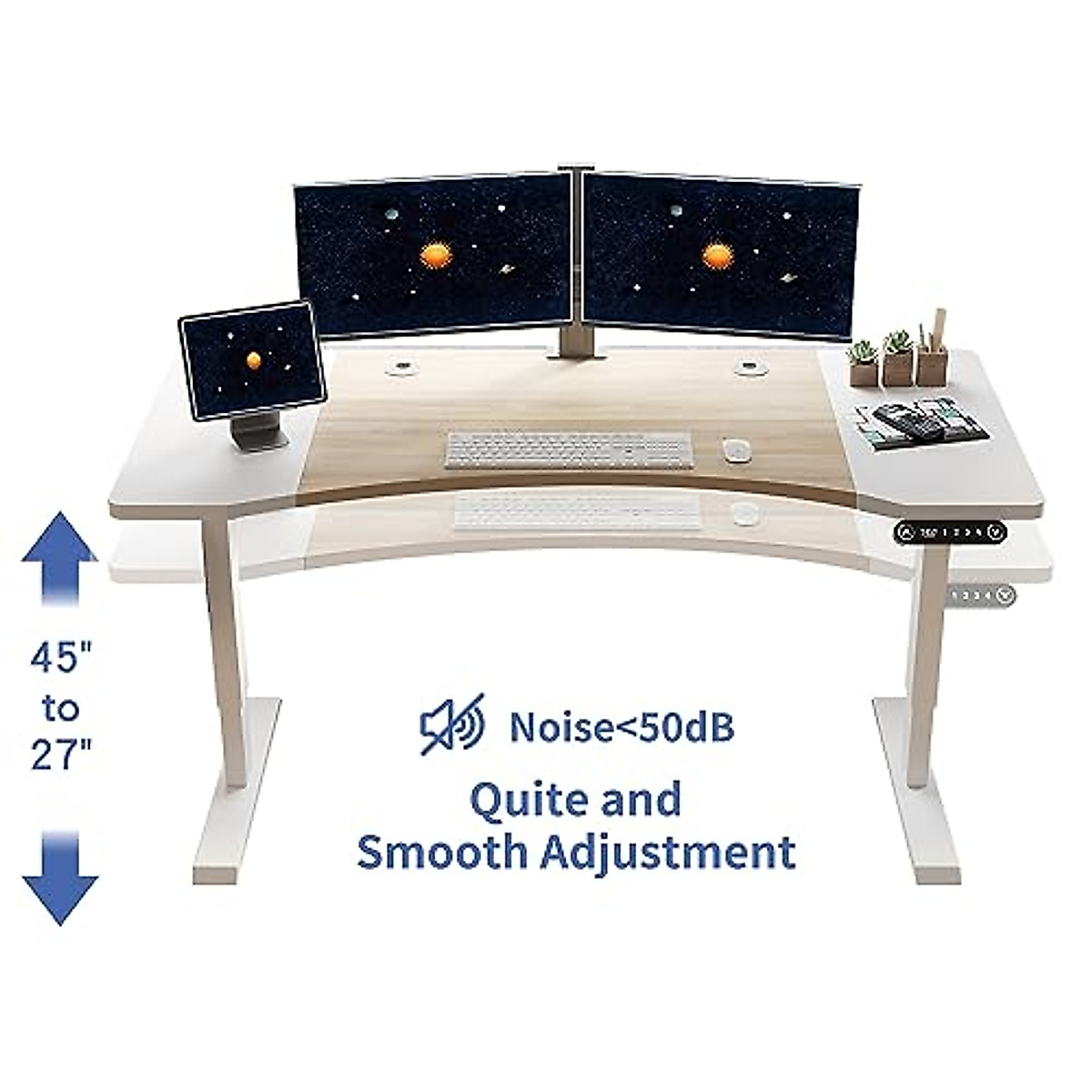 Dual Motor Electric Standing Desk, 63 x 30 Inches Height Adjustable Table with Splice Board, Ergonomic Sit Stand Computer Desk with White Frame/Oak+ White Top