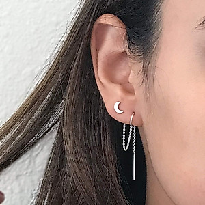 Sterling Silver Moon and Star Earrings - 925 Silver Double Piercing Earrings Set - Chain Earrings for Women - Second Piercing - Two Holes - Austin Down to Earth