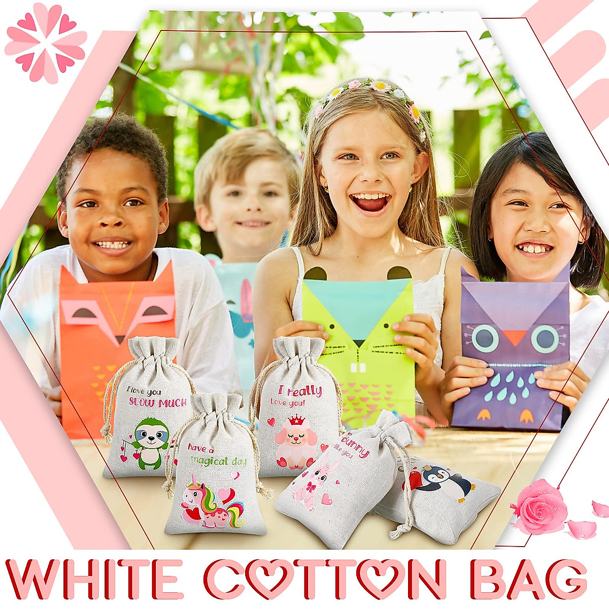40 Pcs Valentine Drawstrings Canvas Bags, 4 x 6 Inch Small Valentine Reusable Muslin Bag Mini Candy Jewelry Drawstring Pouch Bulk Gift Bag for Kids Party Favor, Classroom Exchange Prizes