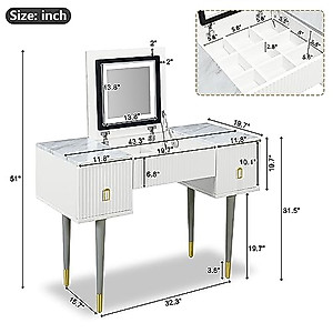 JIVOIT Vanity Table Set, 43.3" Modern Vanity Table Set with Flip-top Mirror and LED Light, Dressing Table with Customizable Storage, Vanity Dressing Table for Bedroom Women Girls (White+Gray 7)