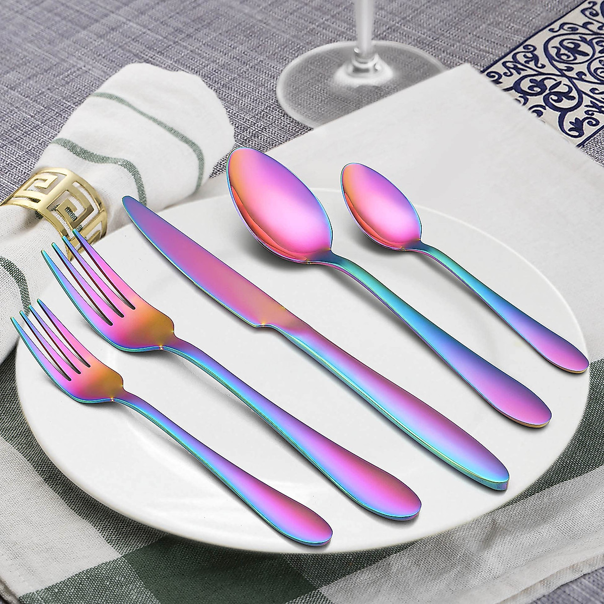 LIANYU 40-Piece Rainbow Silverware Set for 8, Stainless Steel Colorful Flatware Cutlery Set, Tableware Eating Utensils Include Forks Knives Spoons, Mirror Polished, Dishwasher Safe
