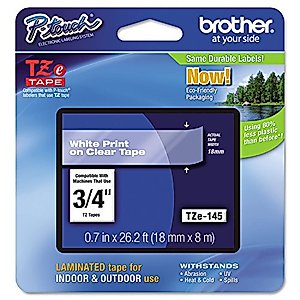 Brother Tze145 Tze Standard Adhesive Laminated Labeling Tape, 3/4-Inch W, White On Clear