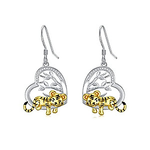 LONAGO Tiger Earrings 925 Sterling Silver Tree of Life with Cute Tiger Dangle Earrings Jewelry for Women