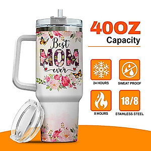 Mom Ugly Children Watercolor Floral, Tumbler 40 Oz With Handle Lid And Straw, Cups Primrose For Yellow Insulated Quartz Heart Handle Simple Modern Rose, Best Mom Ever Gifts