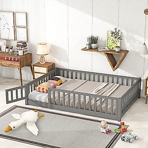 LLS Twin Floor Bed for Children, Durable Montessori Floor Bed with Wood Slats, Safety Fence & Small Door for Girls Boys, Gray (with Bed Slats)