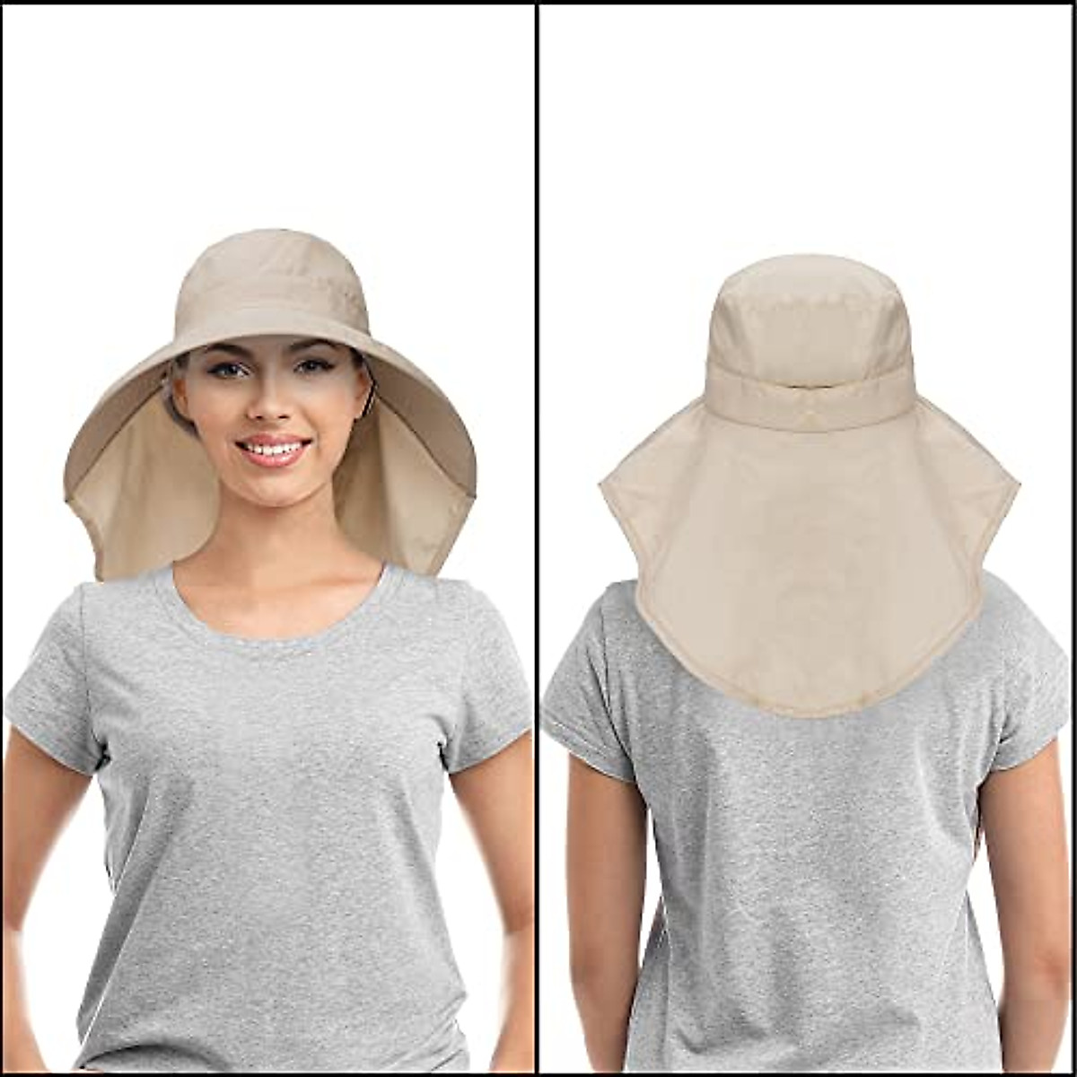 Outdoor Fishing-Hat Summer Sun-Hats for Women - Wide Brim UPF 50+ Fishing Hat UV Protection Hiking Hat with Neck Flap Cap Beige
