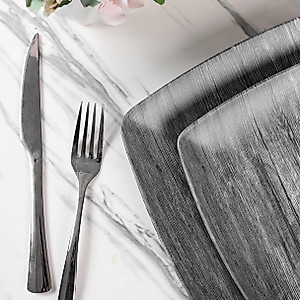 Melamine 12pcs Classic Square Dinnerware Set, Concise Plates and Bowls Set, Service for 4, Dishwasher Safe, Natural Wood Grain Design,black wood