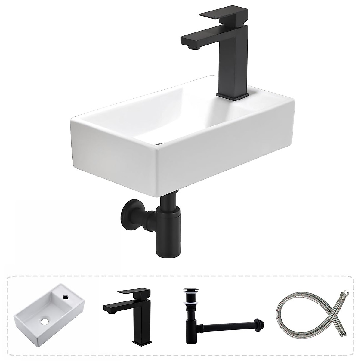 Wall Hung Basin Sink Small Cloakroom Basin Sink, Wall Mount Rectangle Ceramic Wash Basin Small Right Hand Vessl Bain Sink Set With Faucet&Drain For Bathroom