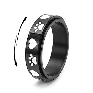 Lovely Dogs Paw Print Fidget Ring Stress Relieving Anti Spinner Rotate Freely Cute Animal Black Stainless Steel Promise Love Engagement Wedding Jewelry Birthday Xmas Valentine's Day Gift for Women