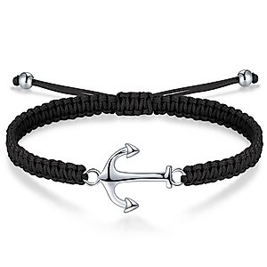 J.Endéar Anchor String Rope Bracelet for Women Men, Filigree Handmade Braided Bracelet Adjustable, Dainty Sterling Silver 925 Anchor Jewelry Sailor Gift for Unisex, Black