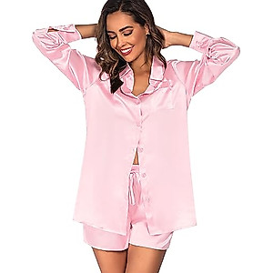 SWOMOG Casual Pink Outfits Button Down Pajamas Pjs Women's Silk Satin Long Sleeve Shirts and Shorts 2 Piece Lounge Sets