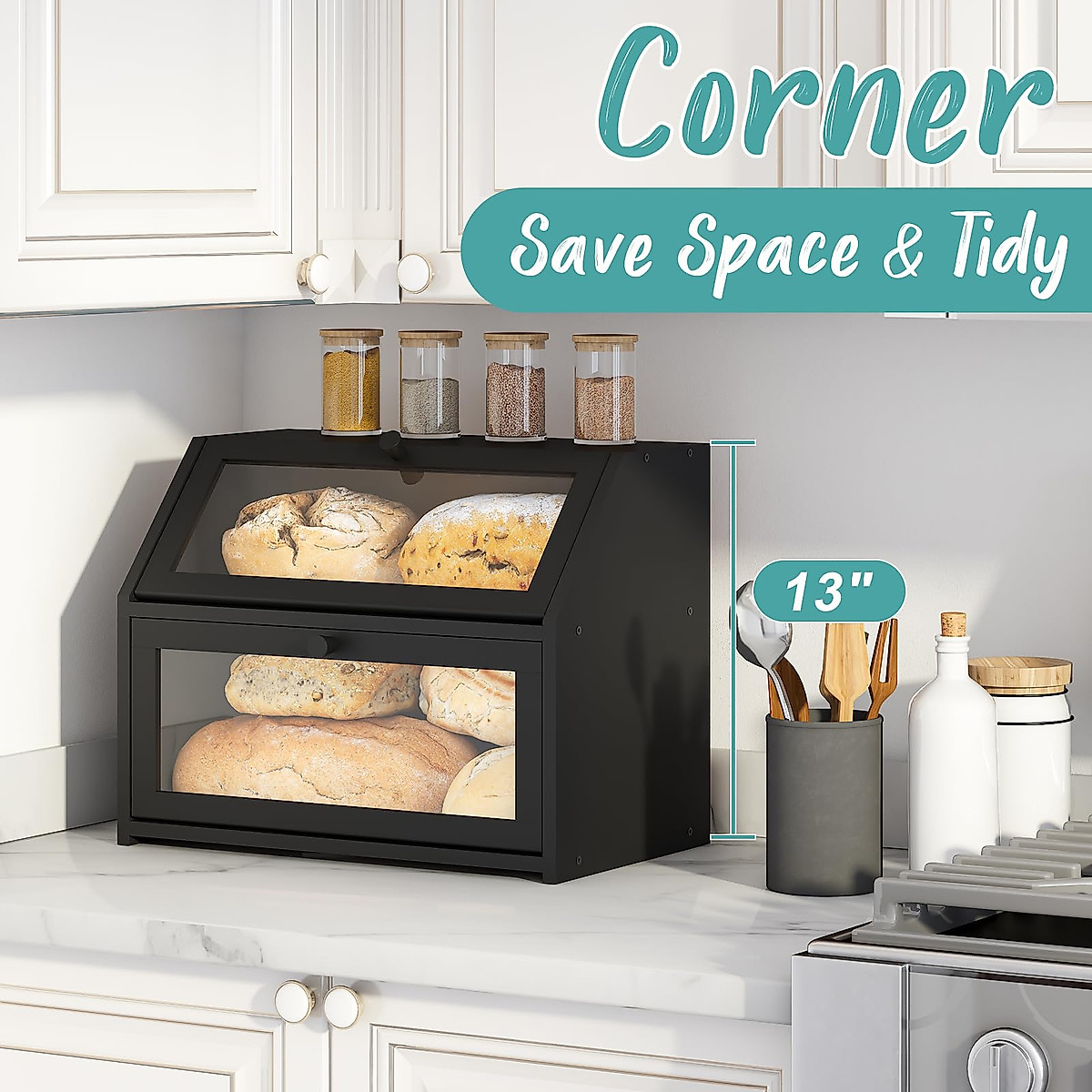 Vriccc Black Bread Box for Kitchen Counter, Bamboo Wood Bread Box, Large Capacity Bread Storage Bin