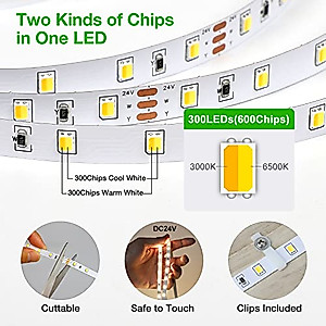 CT CAPETRONIX LED Strip Lights, 3000K-6500K Tunable White LED Light Strip, 16.4ft 300LEDs 600Chips Smart App&Controller Music Sync DIY Candle Mode Dimmable Bright LED Tape Lights for Bedroom,Kitchen