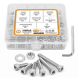 1/4-20 Hex Socket Head Cap Screw, VIGRUE 175PCS UNC Hexagon Bolts Washers Nuts Assortment Kit Machine Screws Set Stainless Steel 18-8 (304), Length from 5/8" to 2"