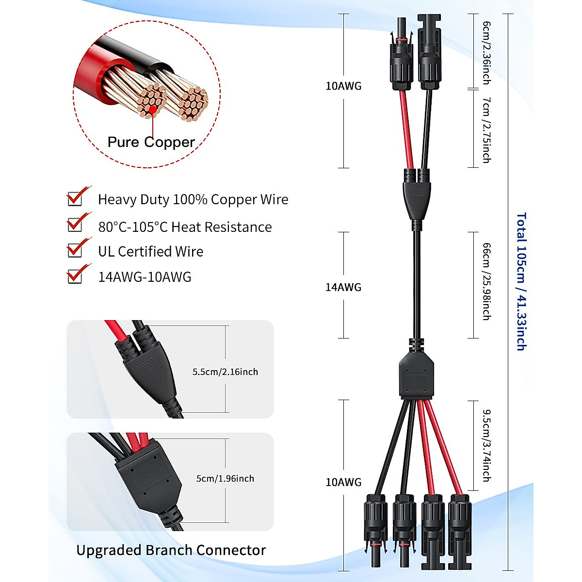ELECTOP Solar Panel Connector Extension Cable 3.5Ft, 2-in-1 Solar Y Branch Connectors Parallel Adapter Cable, Solar Panel Wire Splitter Male/Female Plug Tool Kit for Solar Panels Solar Generator RV