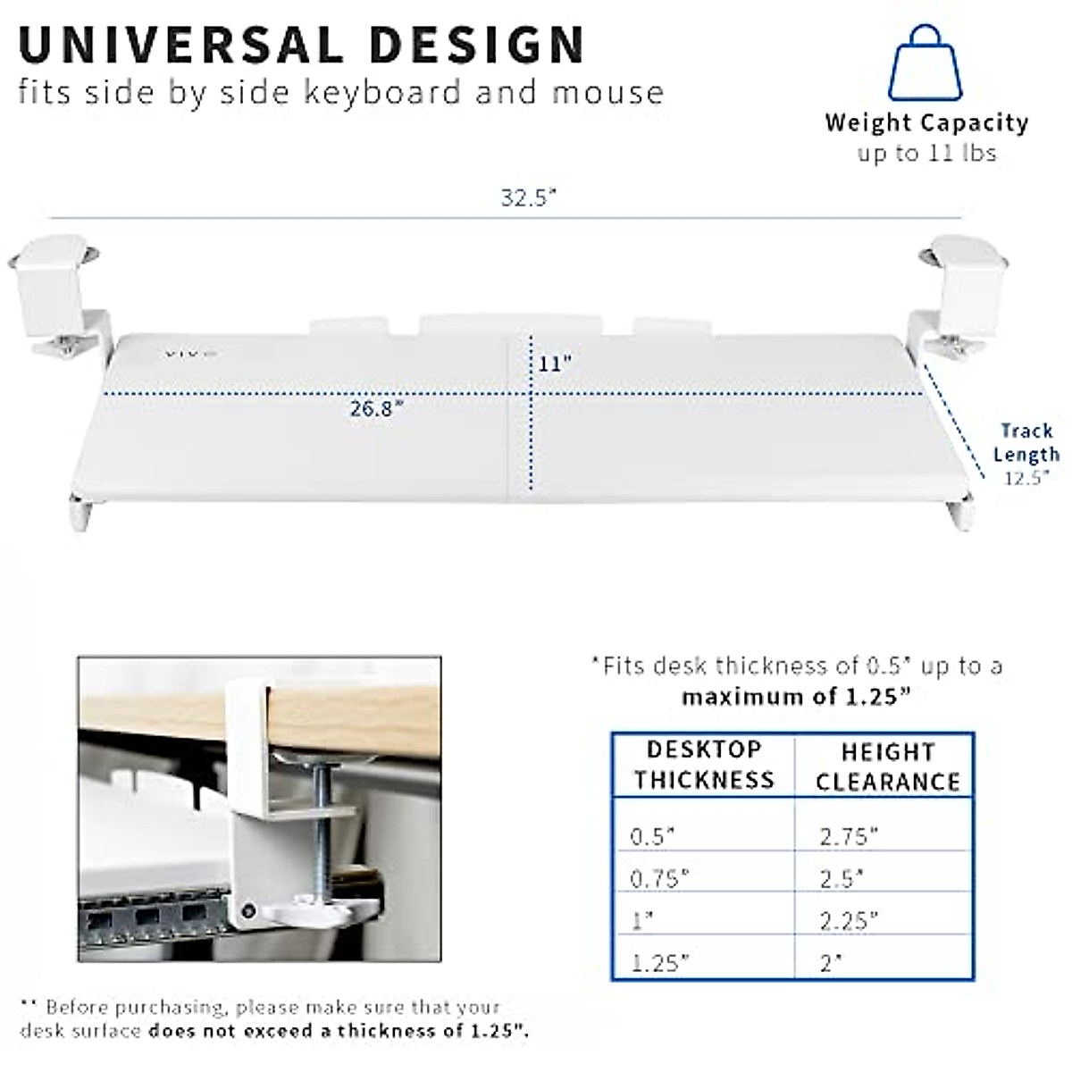 VIVO Large Keyboard Tray Under Desk Pull Out with Extra Sturdy C Clamp Mount System, 27 (33 Including Clamps) x 11 inch Slide-Out Platform Computer Drawer for Typing, White, MOUNT-KB05W