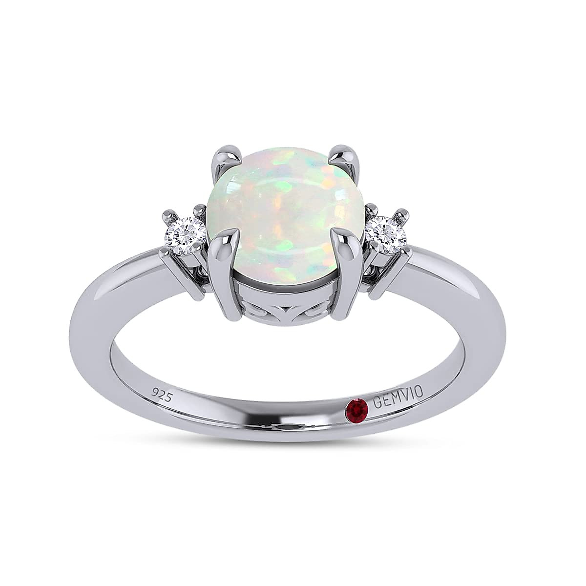 GEMVIO Collection Round Cut 6MM Natural White Opal Gemstone & Diamond Accent Solitaire Rings in 14K White Gold Over Sterling Silver Engagement Anniversary Promise Ring For Womens (0.70Cttw) Size-7.5