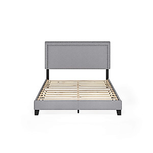 Furinno Laval Double Row Nail Head Upholstered Platform Bed Frame, Queen, Glacier