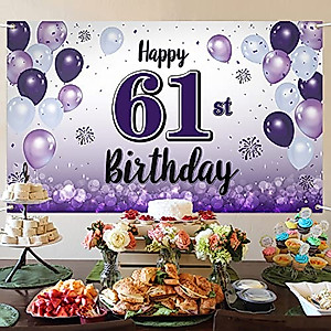 LASKYER Happy 61st Birthday Purple Large Banner - Cheers to 61 Years Old Birthday Home Wall Photoprop Backdrop,61st Birthday Party Decorations.